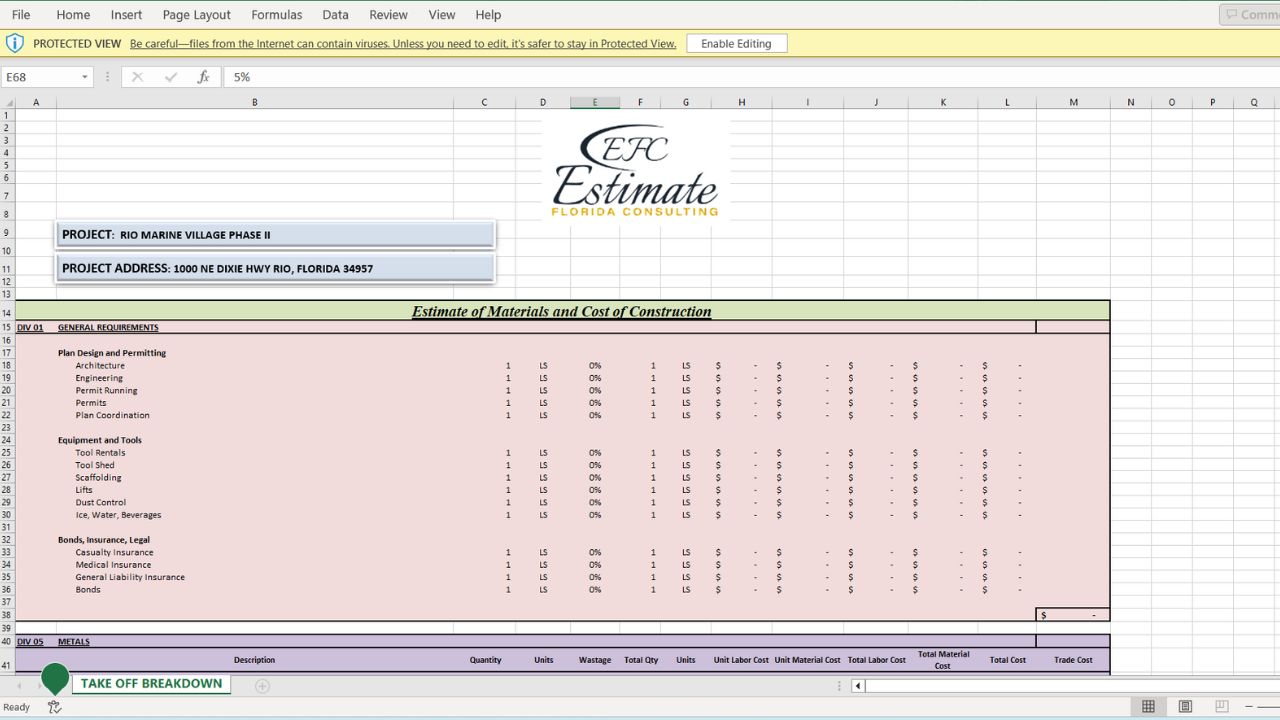 Estimate Of Building In Excel - Estimate Florida Consulting